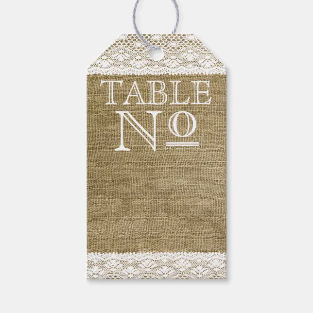 Burlap and Lace Vintage Typograpy Table Number Gift Tags | Zazzle