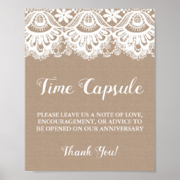 Burlap and Lace Wedding Time Capsule Sign Poster | Zazzle