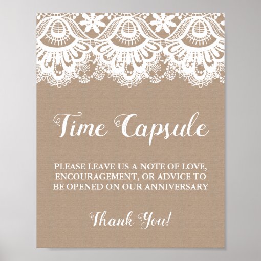 Burlap and Lace Wedding Time Capsule Sign Poster | Zazzle