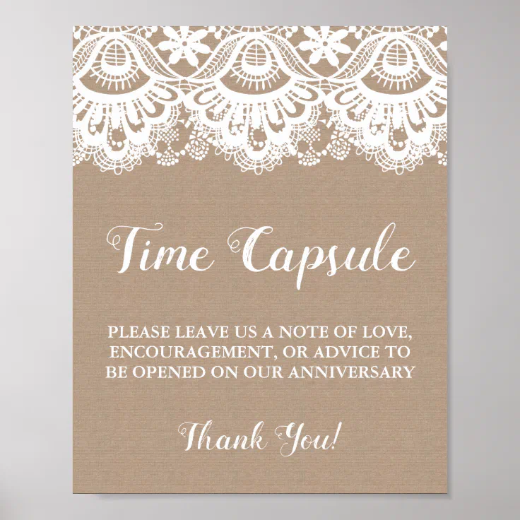 Burlap and Lace Wedding Time Capsule Sign Poster | Zazzle