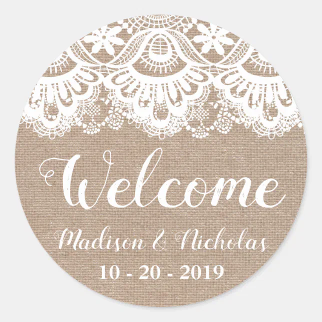 Burlap and Lace Wedding Welcome Stickers, Rustic Classic Round Sticker ...