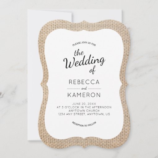Burlap and Navy Blue Bracket Frame Wedding Invite | Zazzle