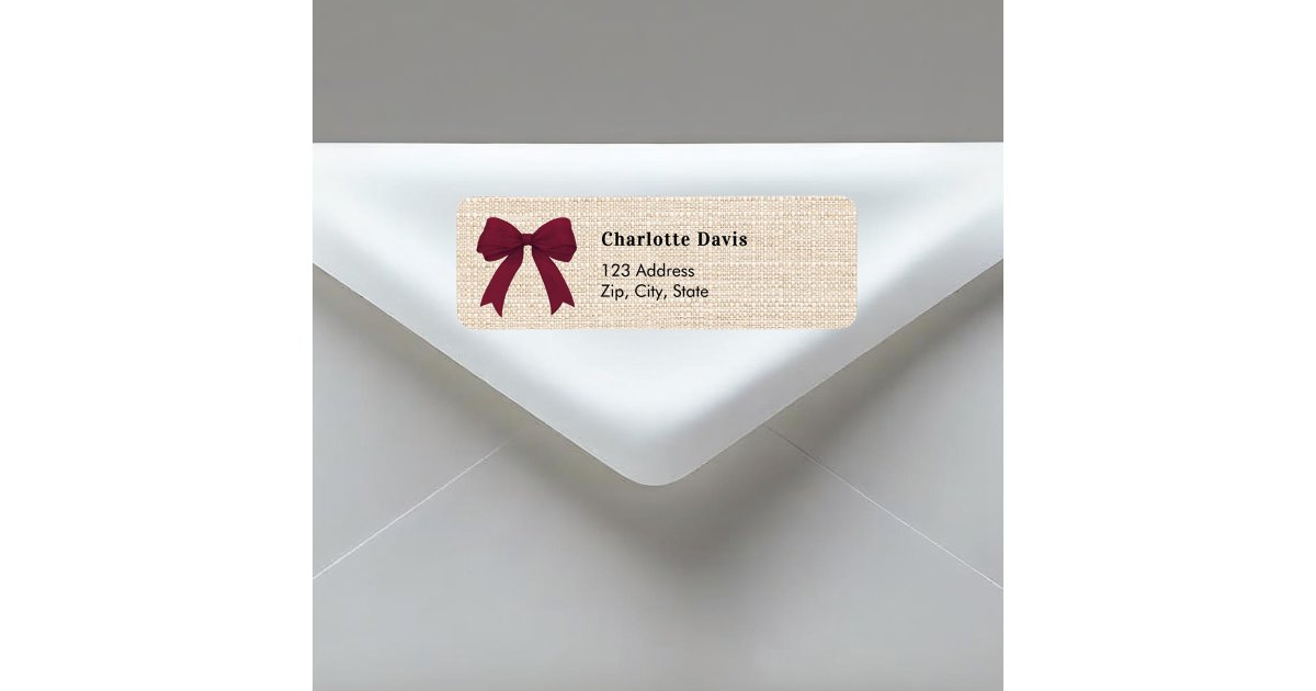 Burlap beige burgundy bow return address label | Zazzle