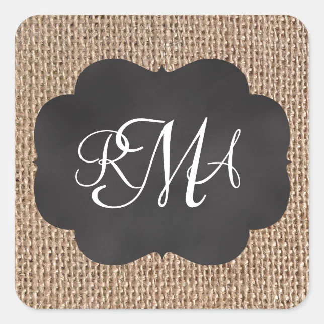 Burlap Chalkboard Look Triple Monogrammed Script Square Sticker | Zazzle