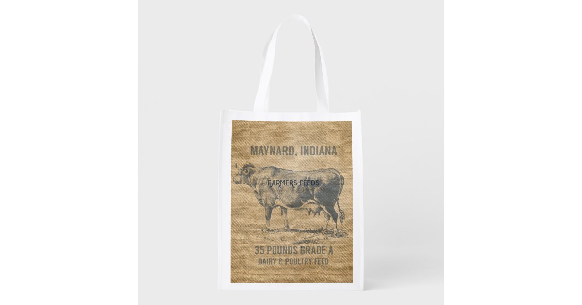 burlap cow feed sack grocery bag | Zazzle