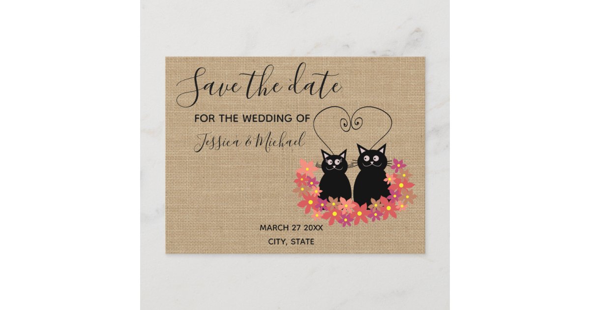 Burlap funny cute cartoon cats save the date announcement postcard | Zazzle
