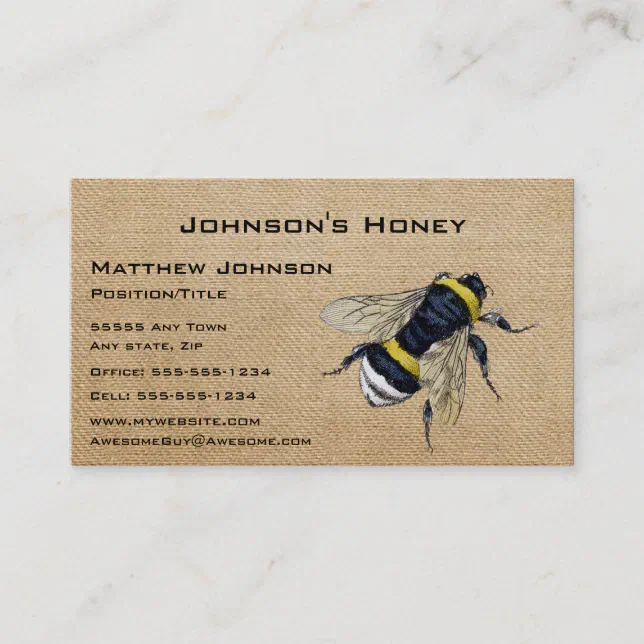 Burlap Honey Bee Business Card | Zazzle