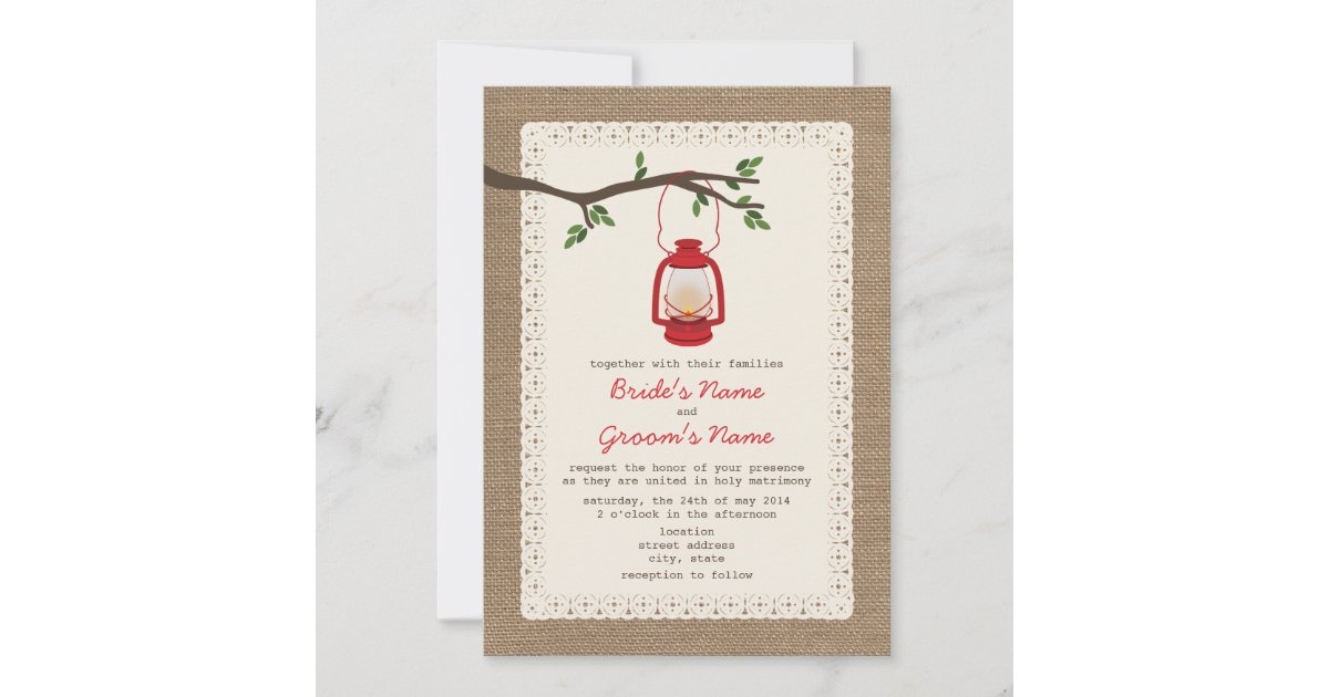 Burlap Inspired / Oil Lantern Camping Wedding Invitation | Zazzle