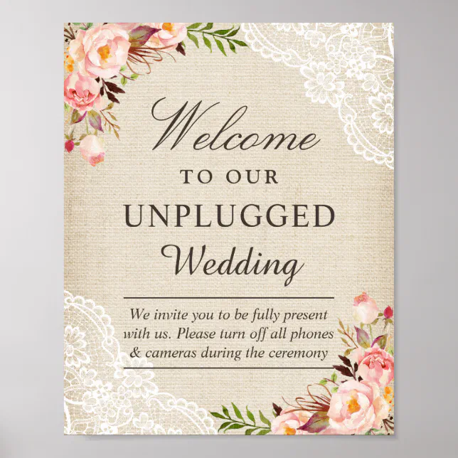 Burlap Lace Floral Unplugged Wedding Welcome Sign | Zazzle