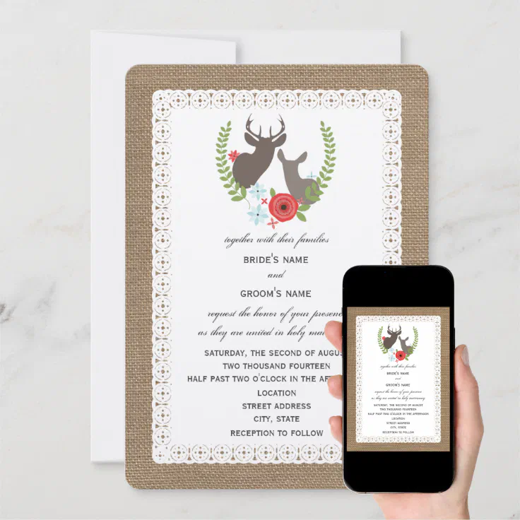 Burlap + Lace Inspired Floral Buck + Doe Invitation | Zazzle