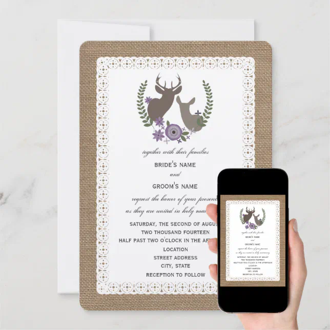 Burlap + Lace Inspired Purple Floral Buck + Doe Invitation | Zazzle