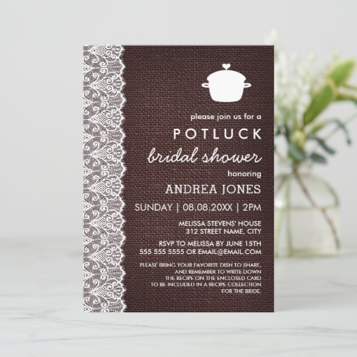 Burlap & Lace Potluck Bridal Shower Invitation | Zazzle