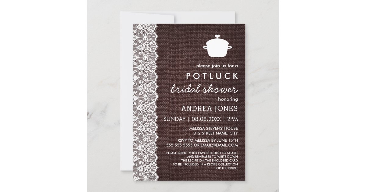 Burlap & Lace Potluck Bridal Shower Invitation | Zazzle