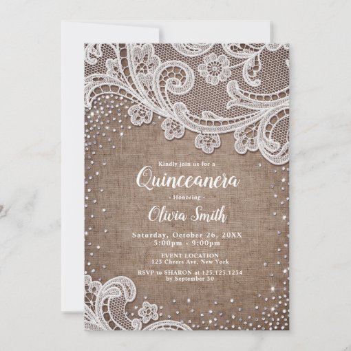 Burlap Lace silver glitter rustic Quinceanera Invitation | Zazzle