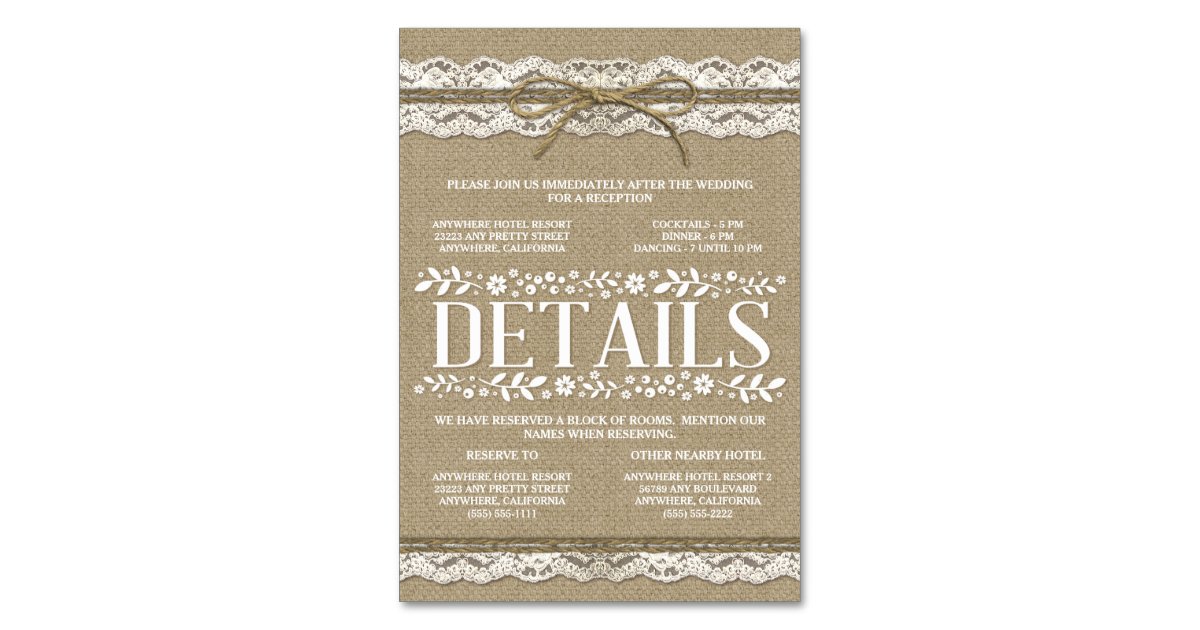 Burlap Lace Wedding Reception Hotel Accommodation Table Number | Zazzle