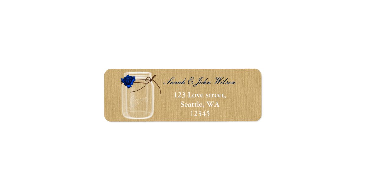 burlap navy blue rose mason jar address label | Zazzle