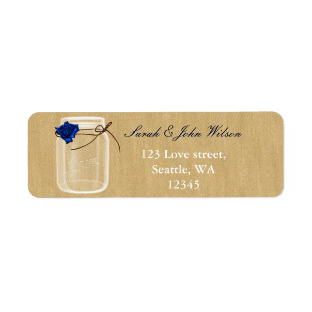 burlap navy blue rose mason jar address label | Zazzle