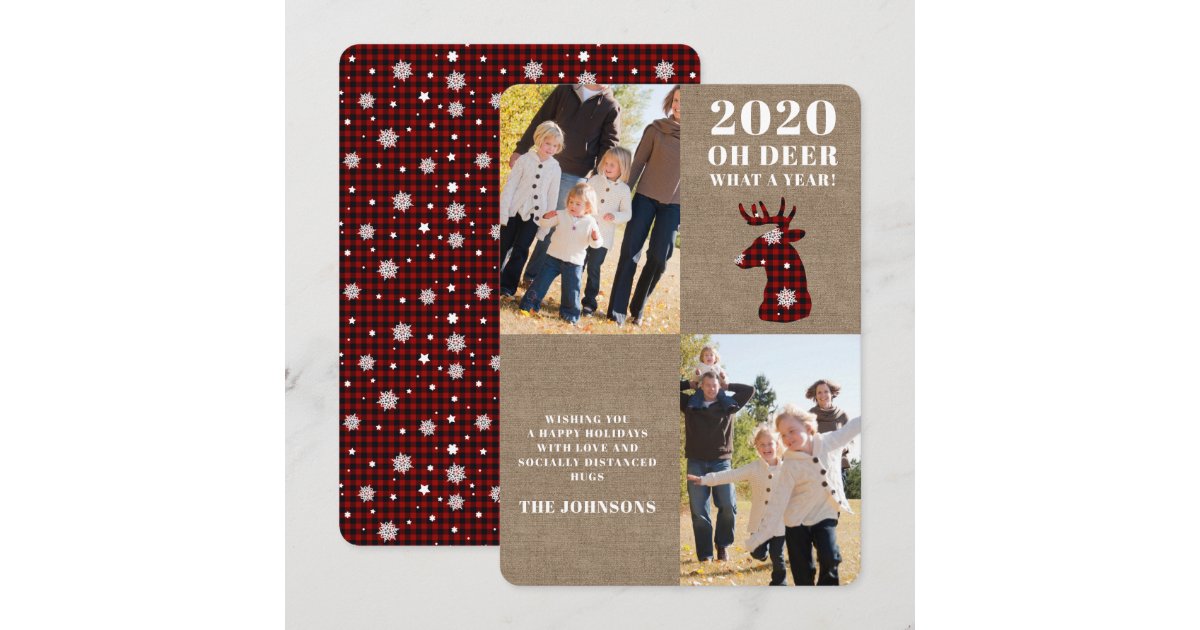 Burlap Oh Deer Plaid Snowflakes Photo Holiday Card | Zazzle