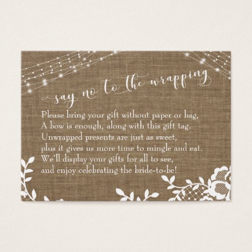 Burlap Say No to Wrapping Bridal Shower Gift Card | Zazzle