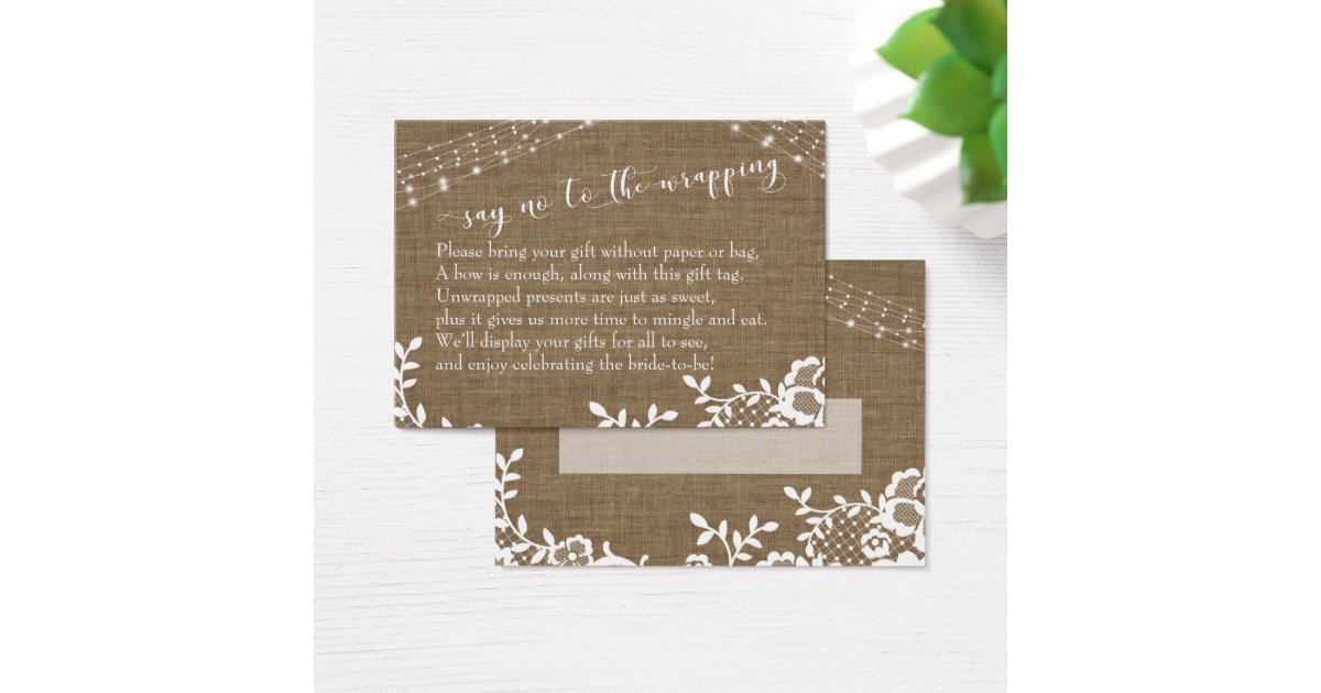 Burlap Say No to Wrapping Bridal Shower Gift Card | Zazzle