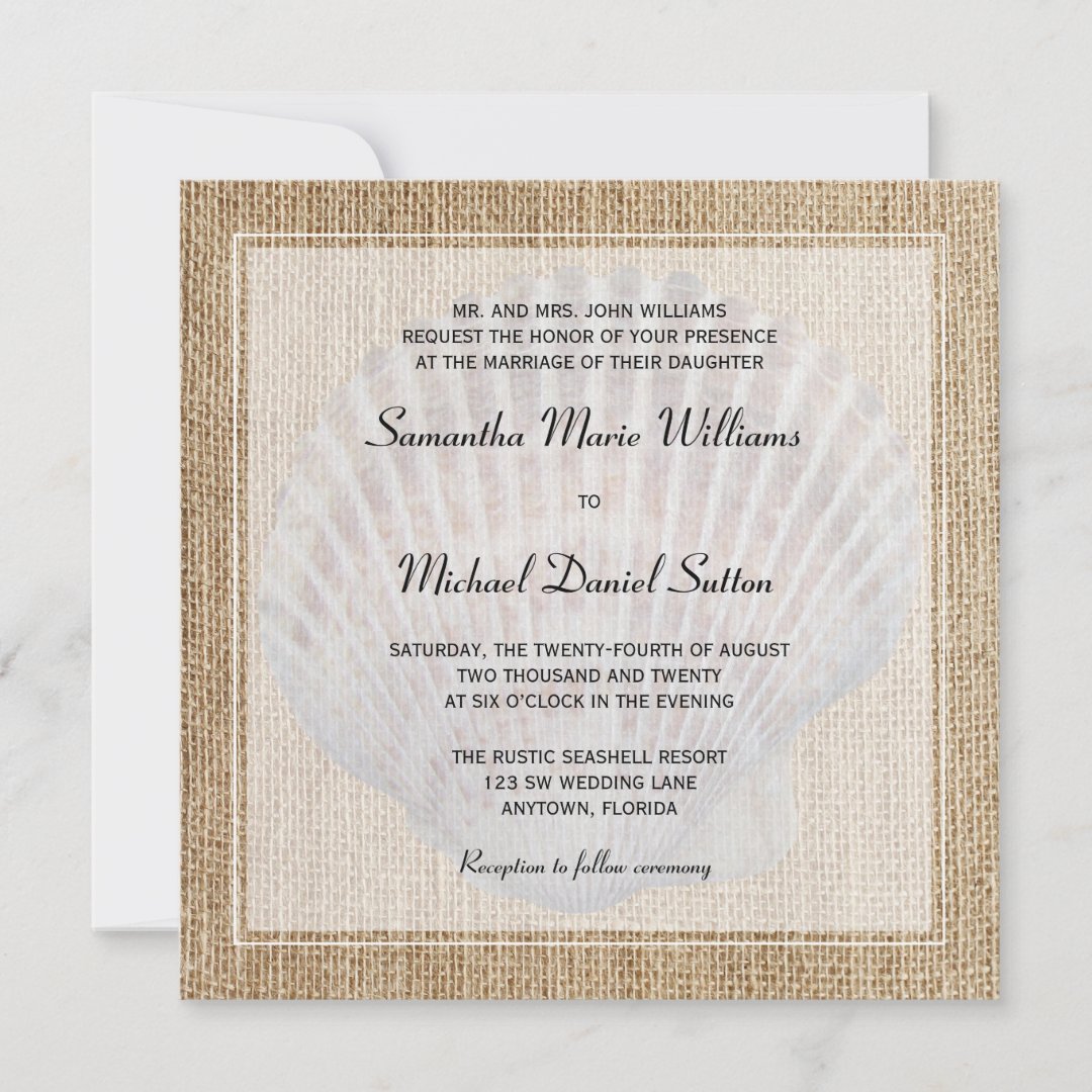 Burlap Seashell White Border Wedding Invitations | Zazzle
