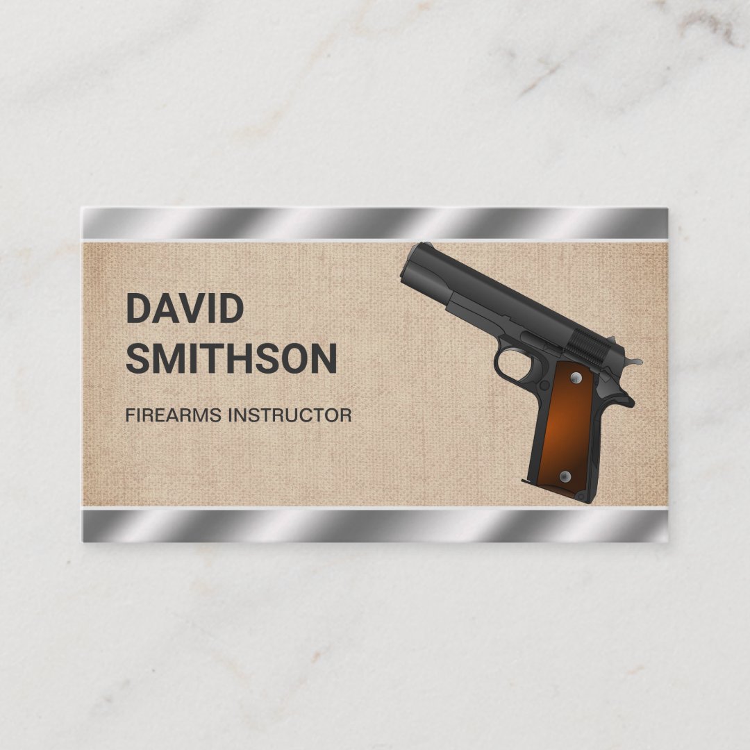 Burlap Steel Pistol Gun Shop Gunsmith Firearms Business Card | Zazzle