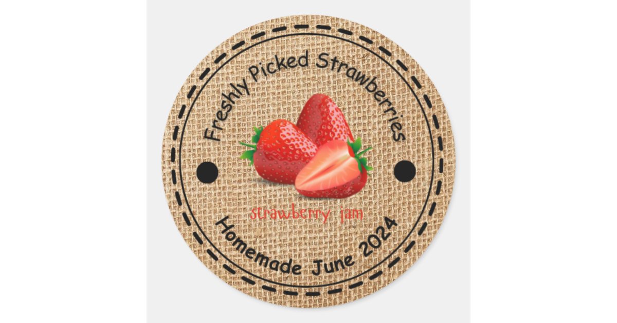Burlap Strawberry Jam Sticker | Zazzle