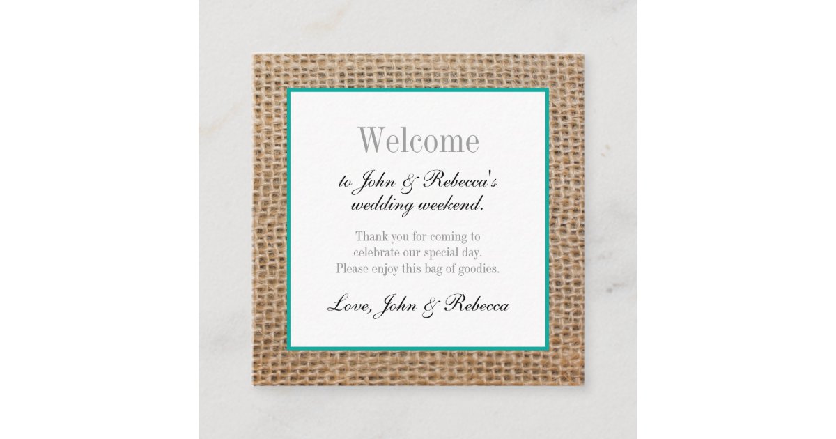 Burlap & Teal Wedding Welcome Card | Zazzle