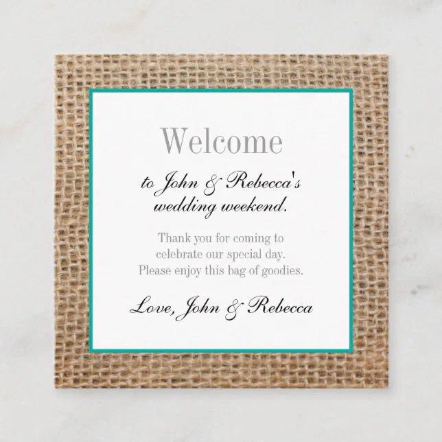 Burlap & Teal Wedding Welcome Card | Zazzle