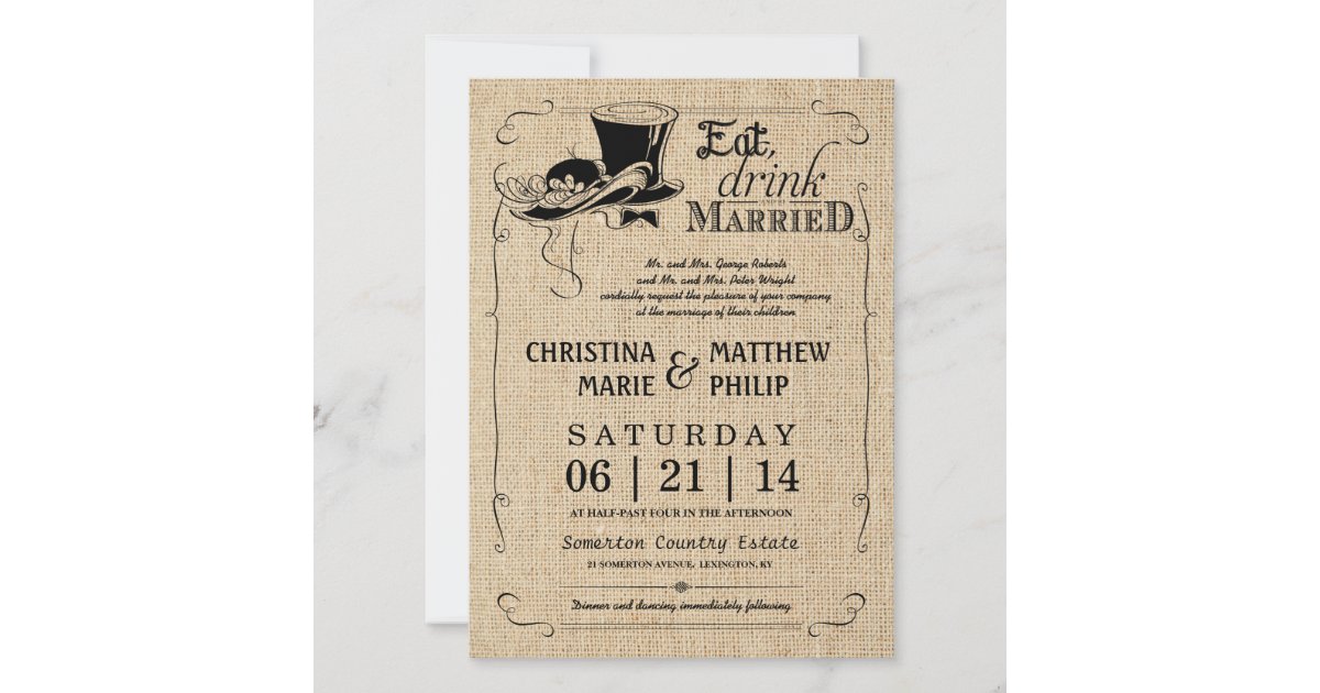 Burlap Vintage Top Hat Wedding Invitations | Zazzle