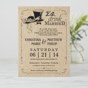 Burlap Vintage Top Hat Wedding Invitations | Zazzle