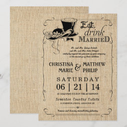Burlap Vintage Top Hat Wedding Invitations | Zazzle