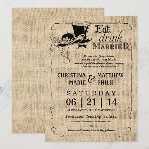 Burlap Vintage Top Hat Wedding Invitations | Zazzle