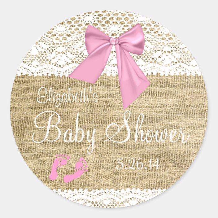 Burlap,White Lace, Pink Bow Baby Shower Classic Round Sticker | Zazzle.com