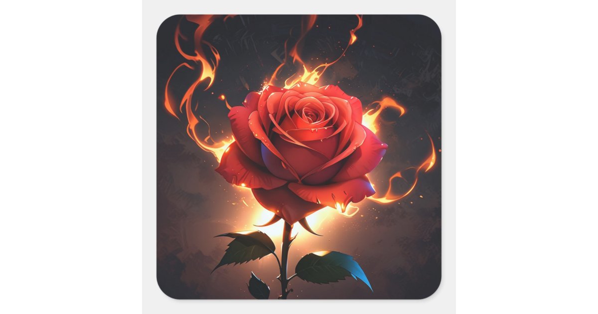 Burning Rose – Passion Meets Destruction in Striki Square Sticker | Zazzle