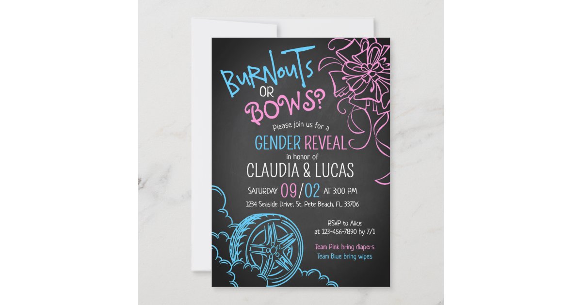 Burnouts Bows Gender Reveal Invitation | Zazzle Burnouts Bows Gender Reveal Invitation | Zazzle