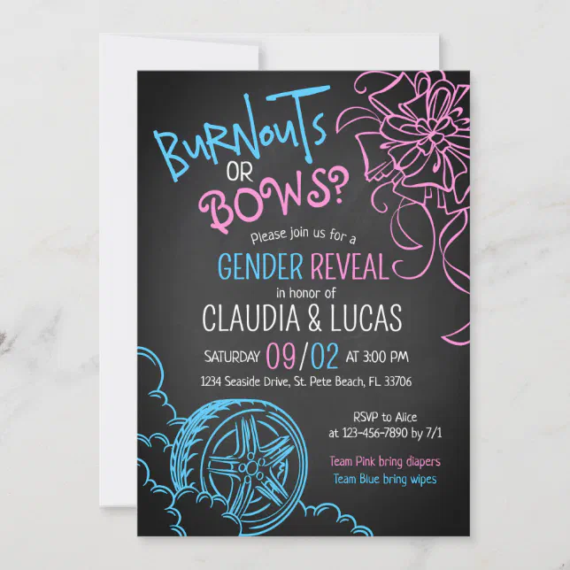 Burnouts Bows Gender Reveal Invitation Zazzle