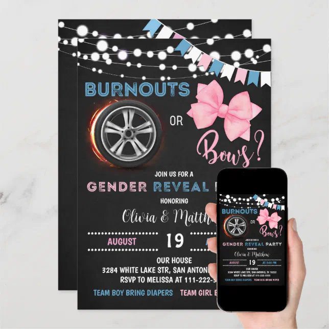 Burnouts Or Bows Gender Reveal Party Invitation Zazzle