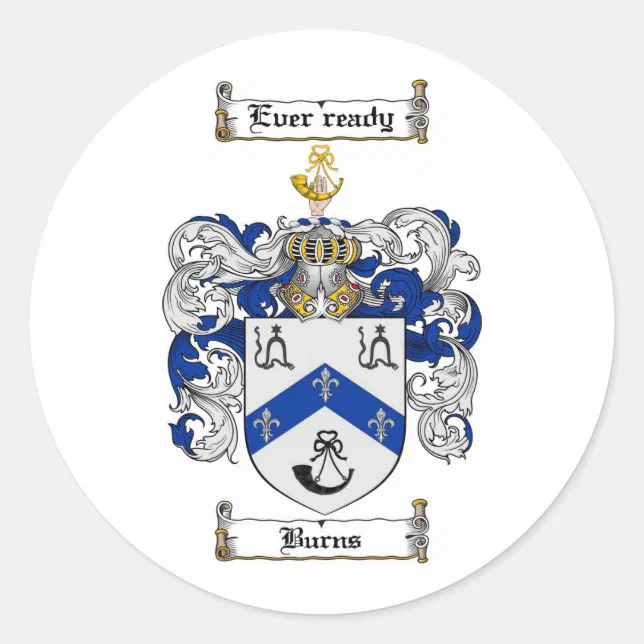 BURNS FAMILY CREST - BURNS COAT OF ARMS CLASSIC ROUND STICKER | Zazzle