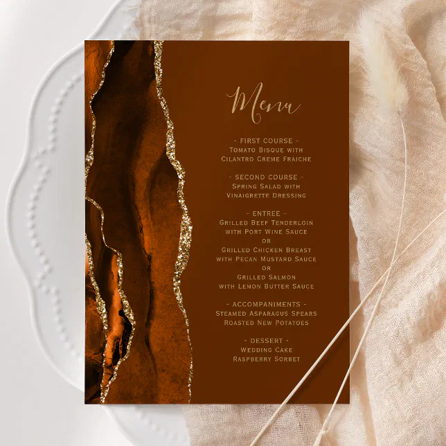Burnt Orange Agate Brown Wedding Menu | Zazzle