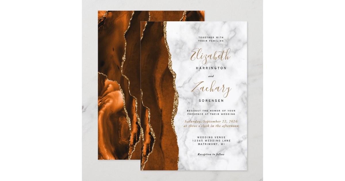 Burnt Orange Agate Gold Marble Wedding Invitation | Zazzle