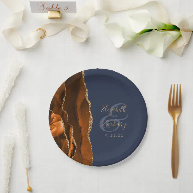 Burnt Orange Agate Gold Navy Blue Wedding Paper Plates | Zazzle