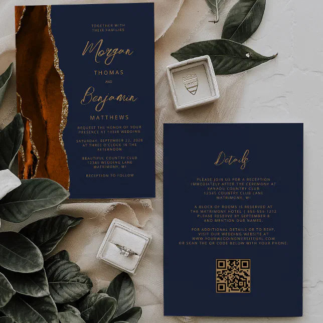 Burnt Orange Agate Navy Blue QR Code Wedding Invitation | Zazzle