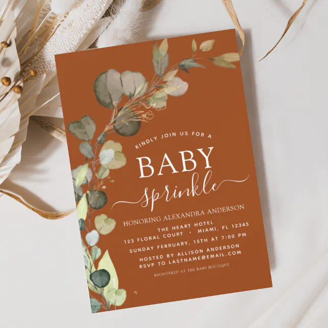Burnt Orange Baby Sprinkle Shower Eucalyptus Invitation | Zazzle