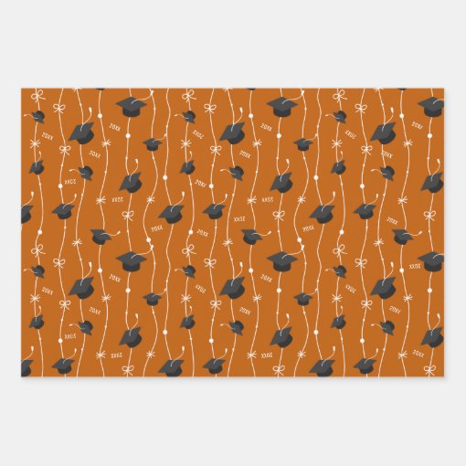 Burnt Orange & Black Graduation Cap Toss Wrapping Paper Sheets | Zazzle