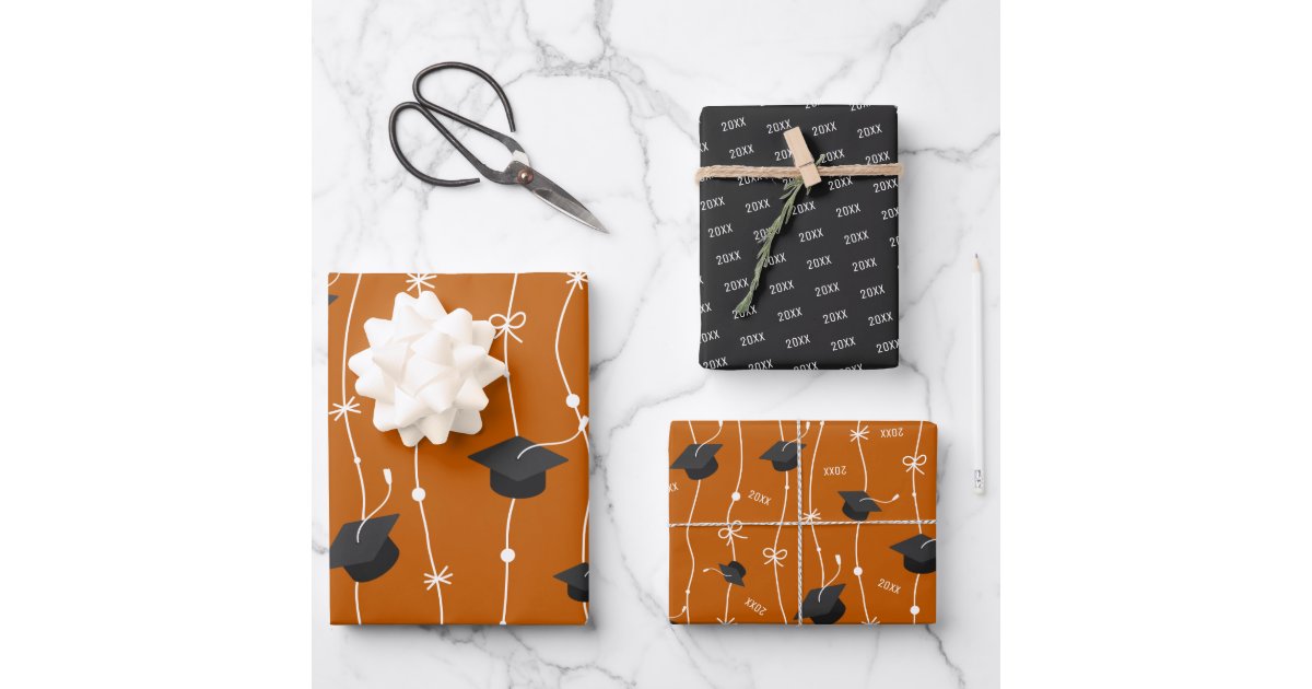 Burnt Orange & Black Graduation Cap Toss Wrapping Paper Sheets | Zazzle