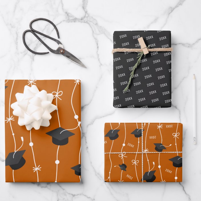 Burnt Orange & Black Graduation Cap Toss Wrapping Paper Sheets | Zazzle.com
