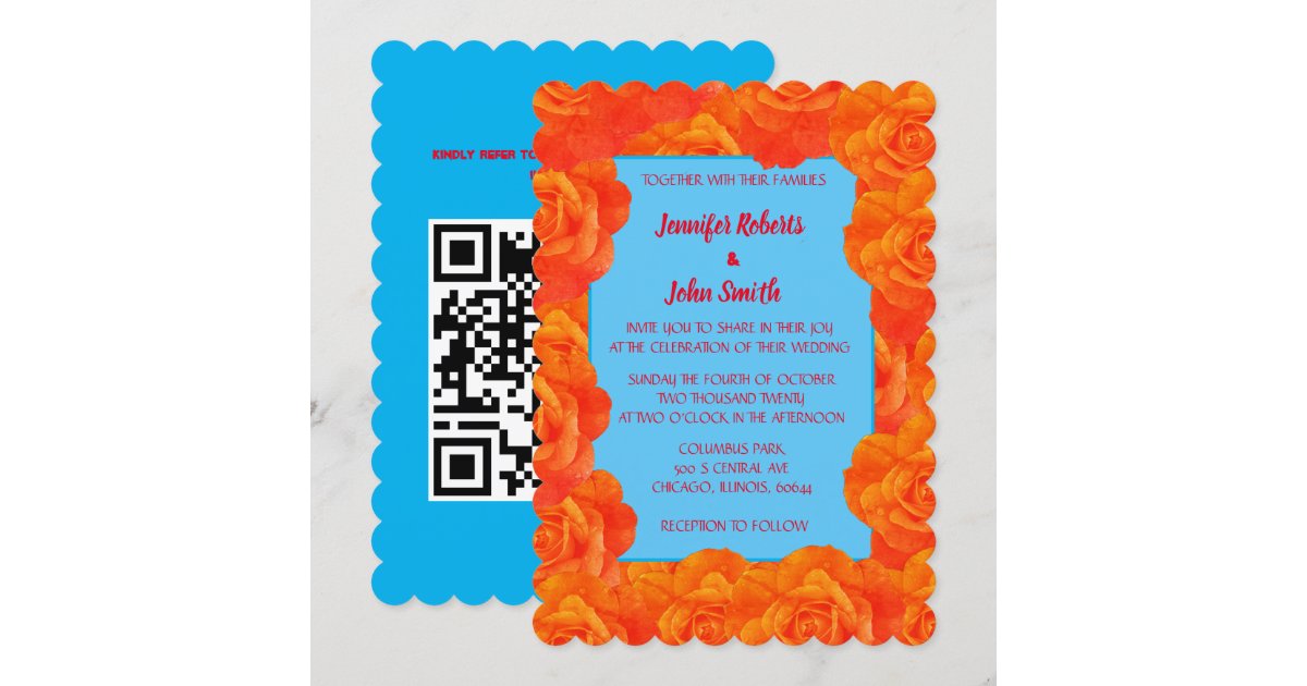 Burnt Orange Blue Floral QR Code Roses Wedding Invitation | Zazzle