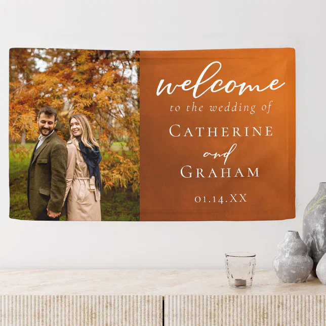 Burnt Orange Couple Photo Autumn Wedding Welcome Banner | Zazzle
