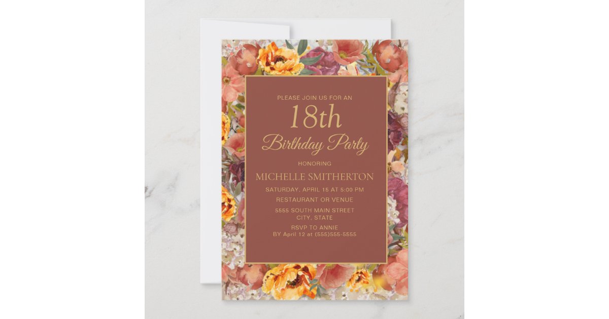 Burnt Orange Cream Rust Floral 18th Birthday Invitation | Zazzle